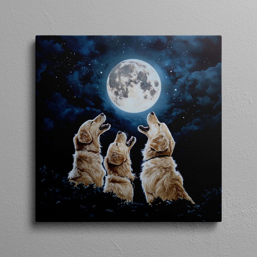 Golden Retrievers Howling at Moon Art Canvas, Dog Gift for Golden ...