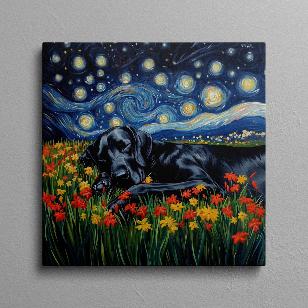 Great Dane Wall Art, Starry Night Dog Art, Black Great Dane Canvas ...