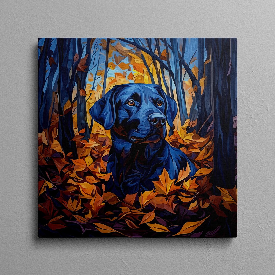 Autumn Dog Art, Black Lab in Leaves Painting, Orange Fall Colors Dog ...