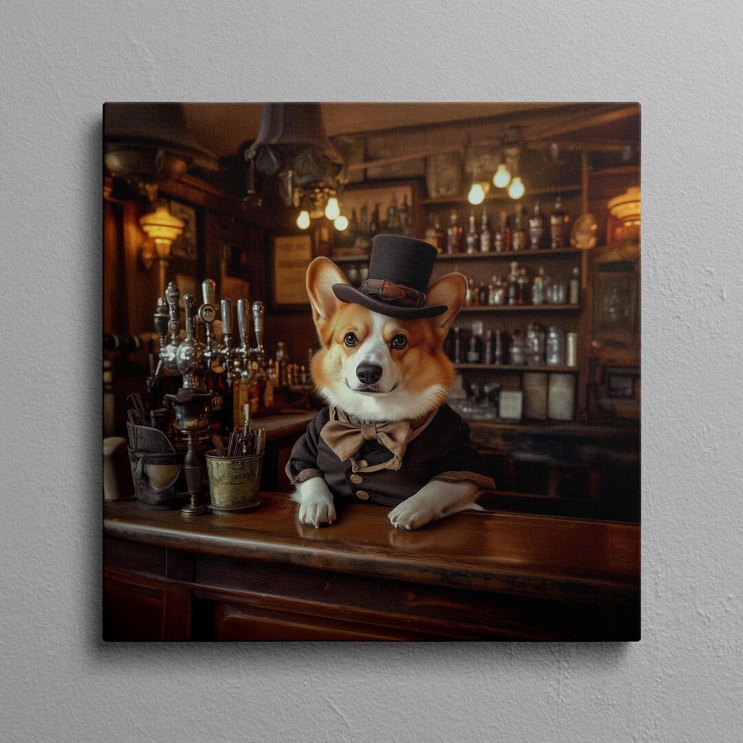 Corgi Bartender Art, Corgi Home Bar Canvas Wall Decor Print Man Cave ...