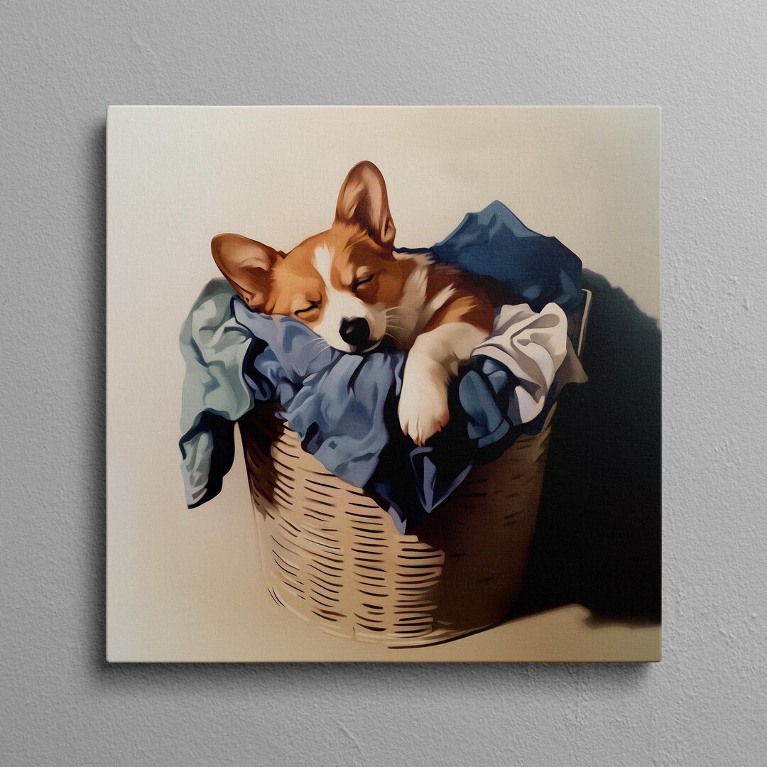 Corgi Laundry Room Art, Dog Canvas Print Sleeping in Laundry Basket ...