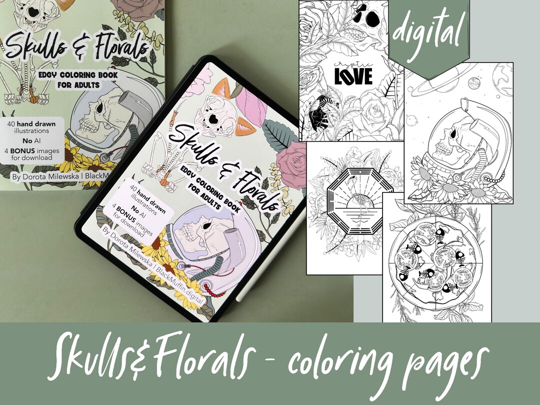 Skulls and Florals 40 Edgy Coloring Pages for Adults | PDF + PNG | for ...
