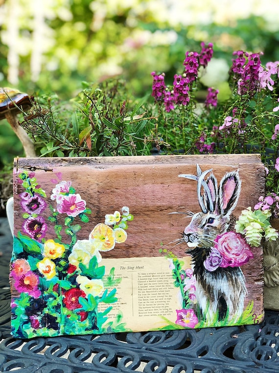 Whimsical Rabbit Painting / Flower Artwork / Boho Decor / - Etsy