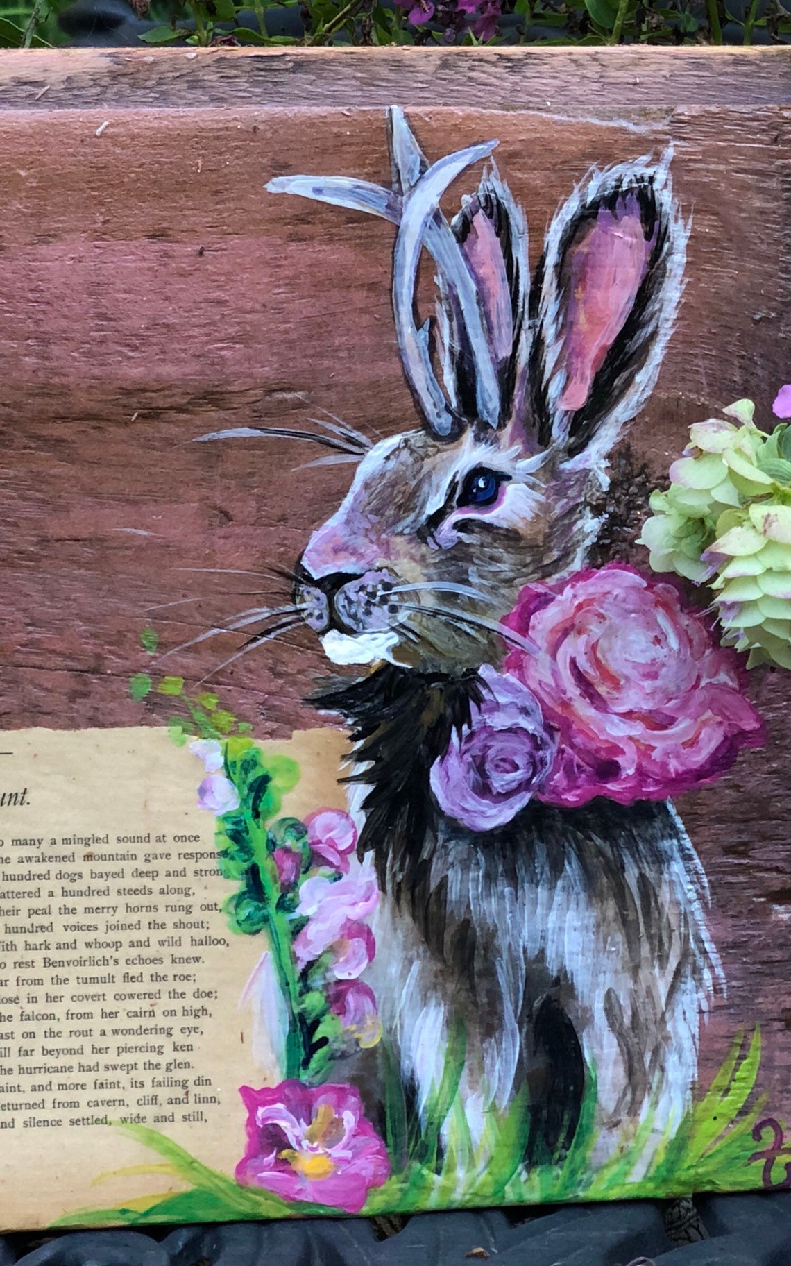 Whimsical Rabbit Painting / Flower Artwork / Boho Decor / Reclaimed ...