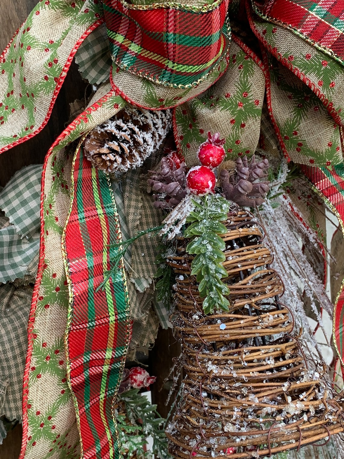 Country Christmas Fabric Wreath, Primitive Rag Wreath, Frosted Pine ...