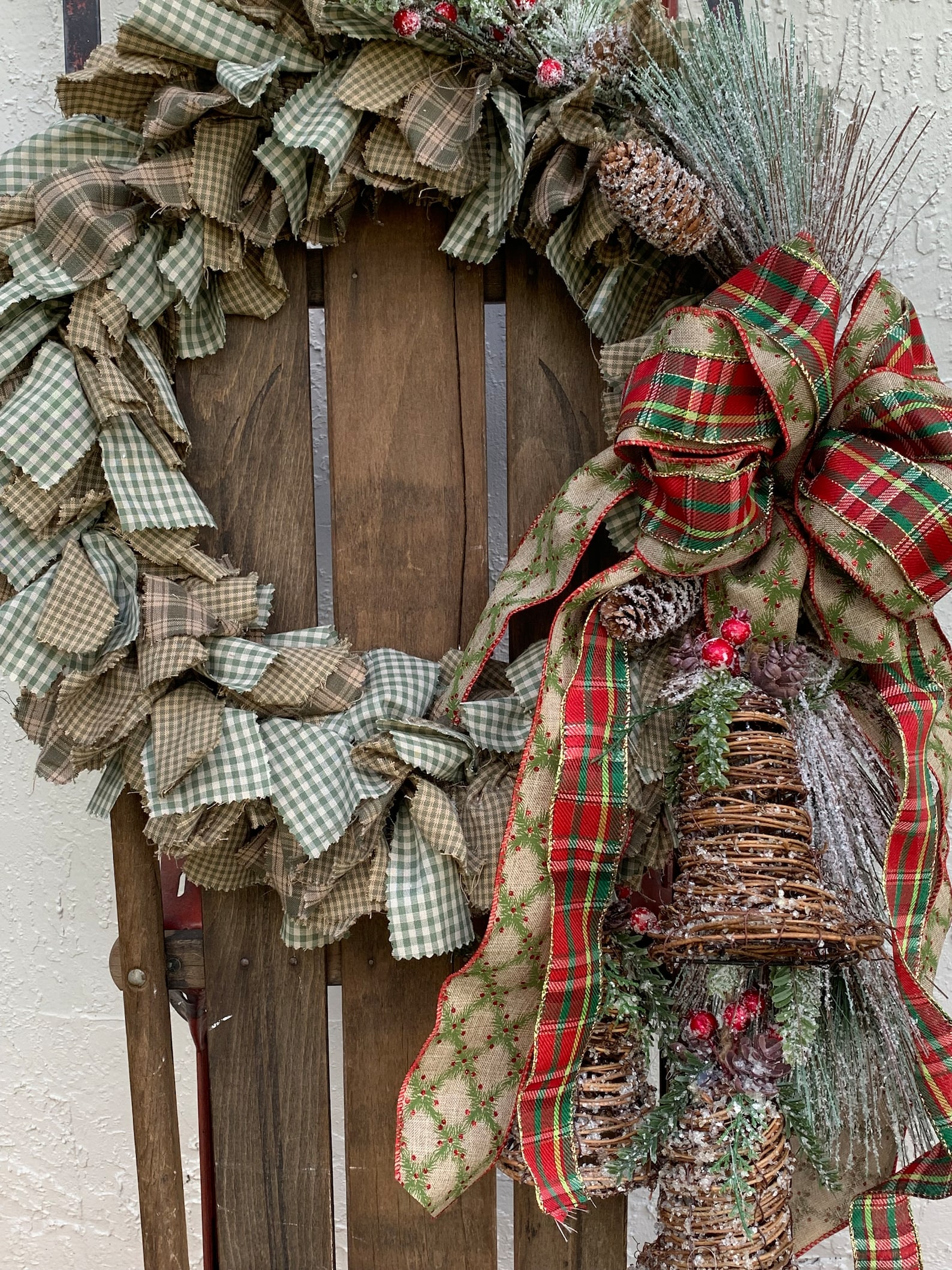 Country Christmas Fabric Wreath, Primitive Rag Wreath, Frosted Pine ...