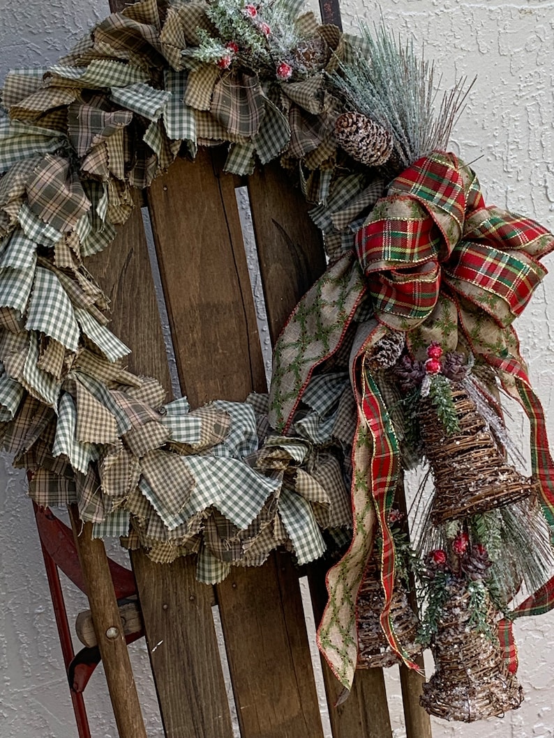 Country Christmas Fabric Wreath, Primitive Rag Wreath, Frosted Pine ...
