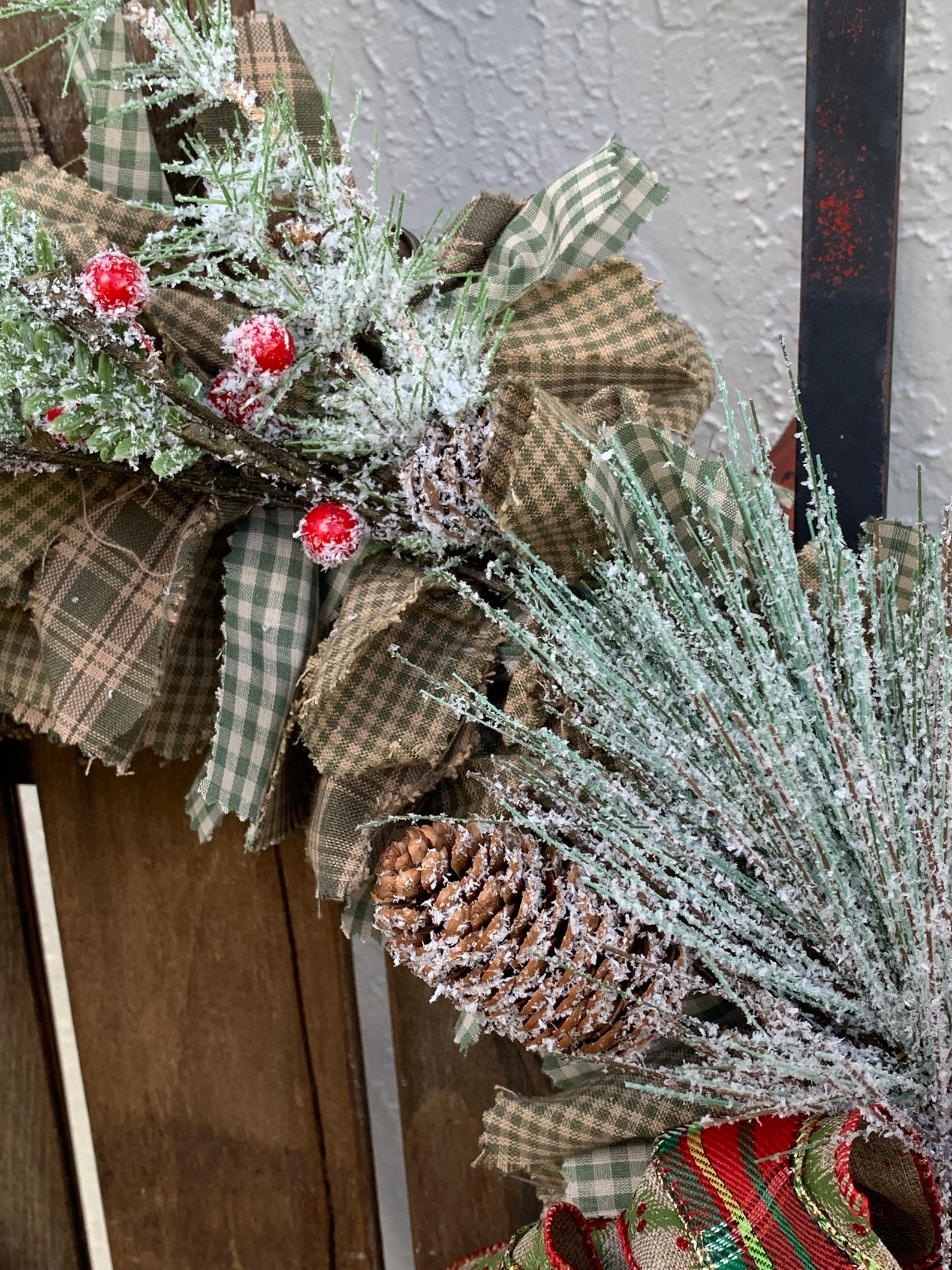 Country Christmas Fabric Wreath, Primitive Rag Wreath, Frosted Pine ...