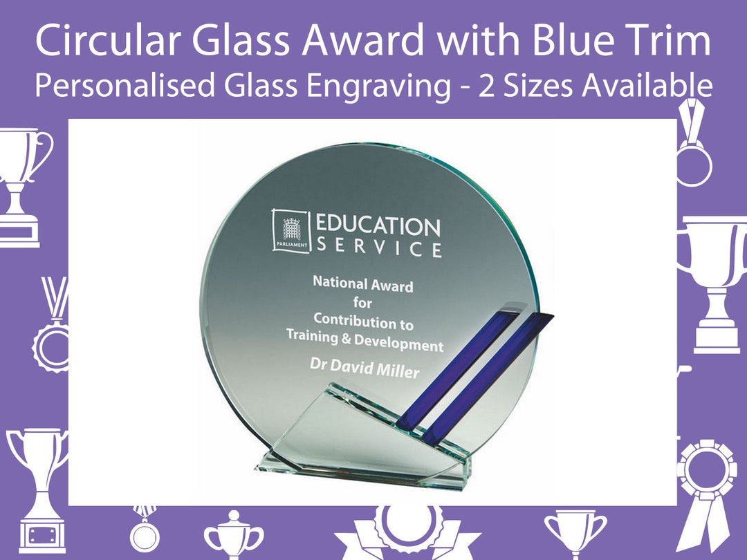 Clear Glass Round Award With Blue Trim - 12mm Thickness. Personalised ...