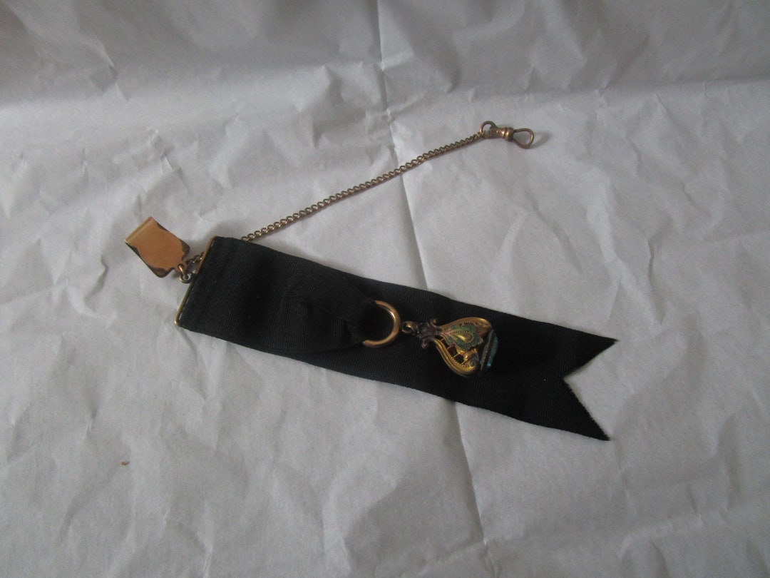 Antique Art Nouveau Pocket Watch Ribbon & Chain With Enameled Jeweled ...