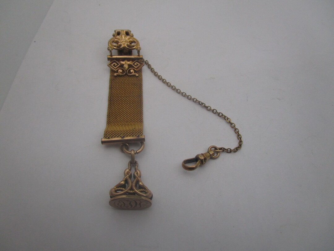 19th C Antique Gold Filled Fancy Mesh Style Pocket Watch Chain W/ Stamp ...