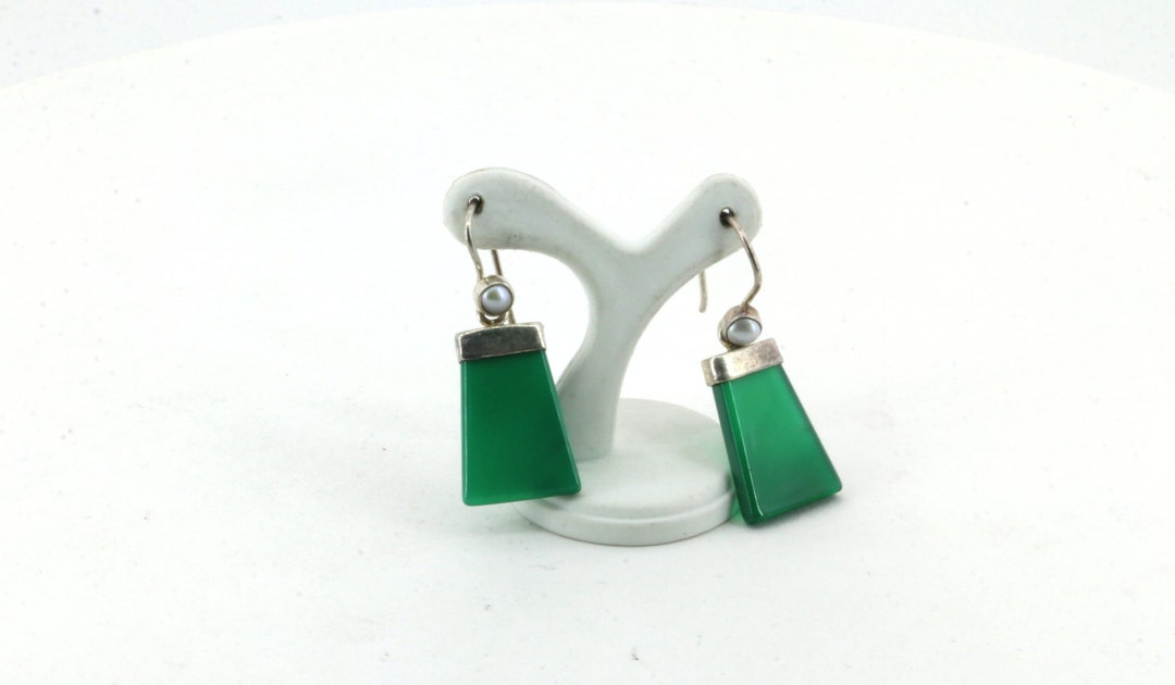 Vintage Green Precious Stone & Natural Pearl Drop Dangle Earrings 925 ...