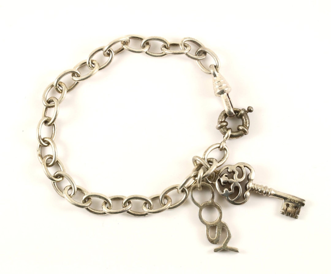 Vintage Key Scroll Tag Design Link Chain Charm Bracelet Sterling 925 ...