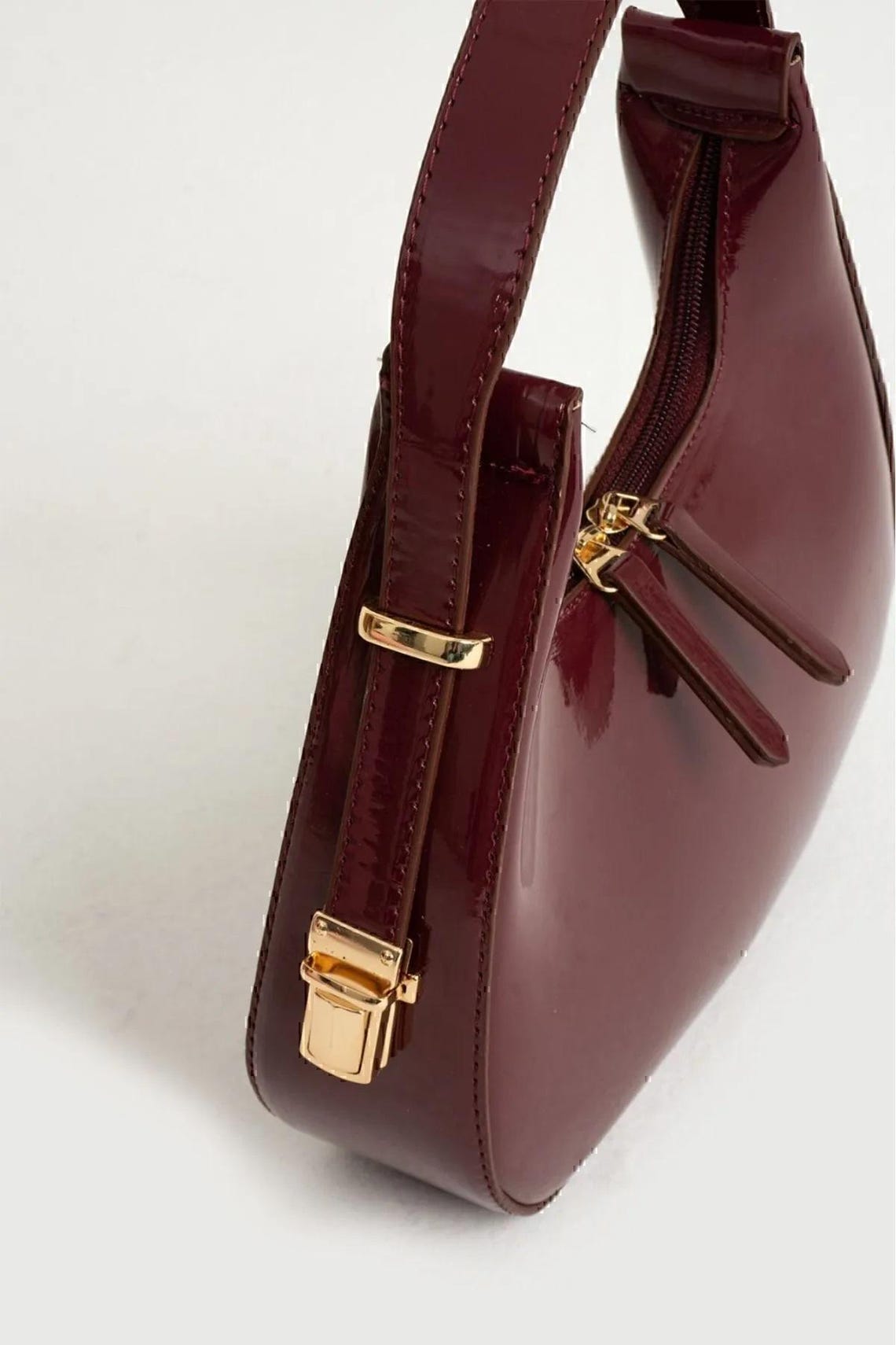 Glossy Patent Leather Top Handle Bag Women Solid Color Cresent PU ...