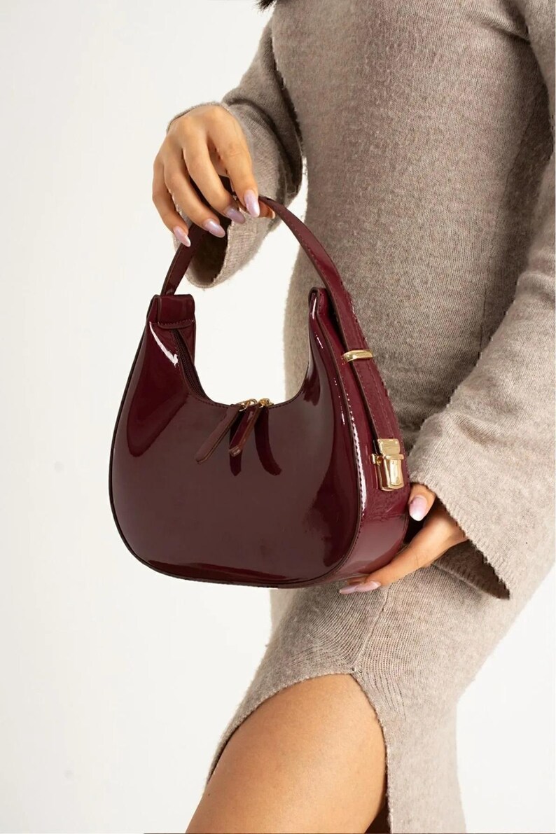 Glossy Patent Leather Top Handle Bag Women Solid Color Cresent PU ...