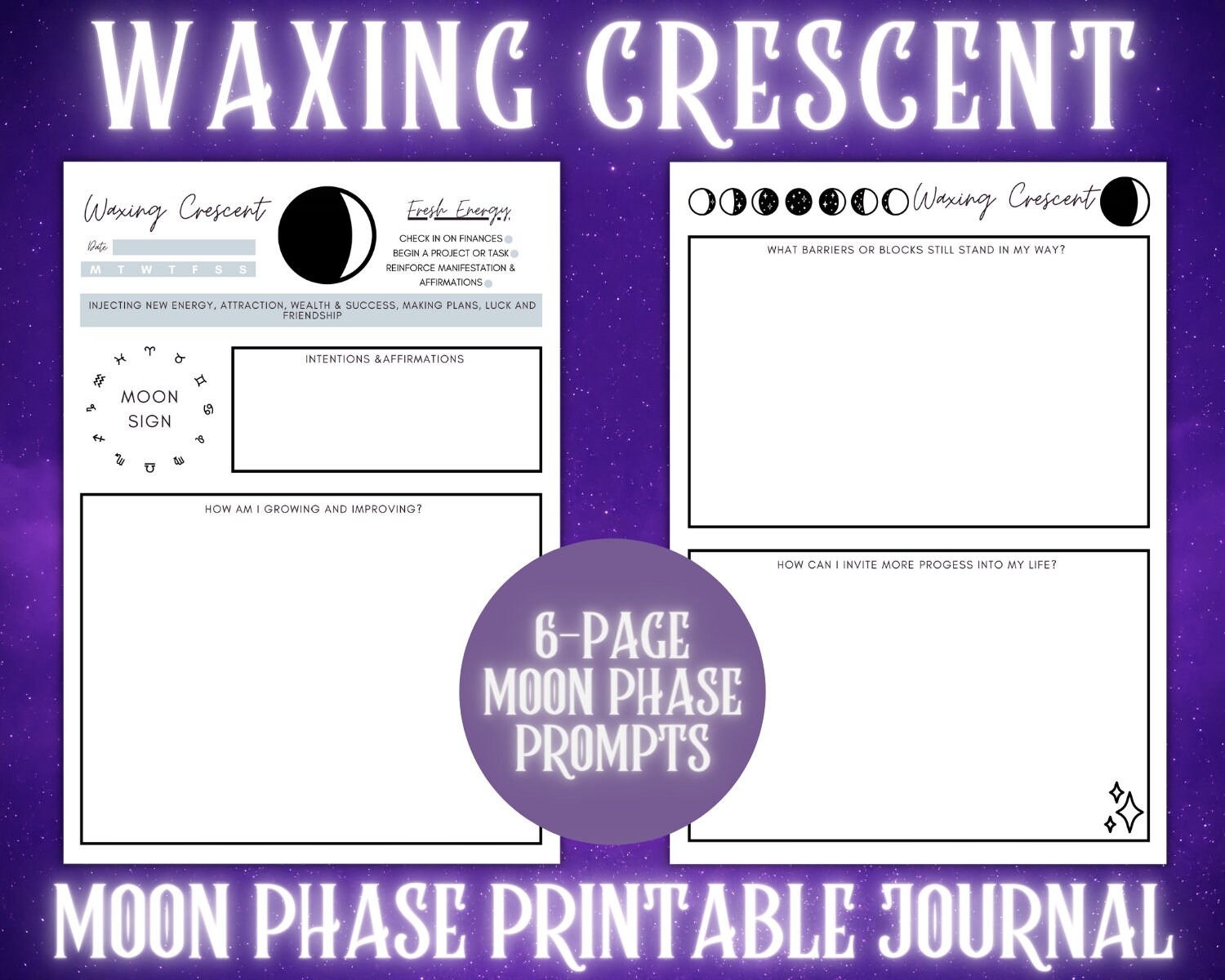 Waxing Crescent Phase Witch Planner Journal 6-page Printable Reflection ...