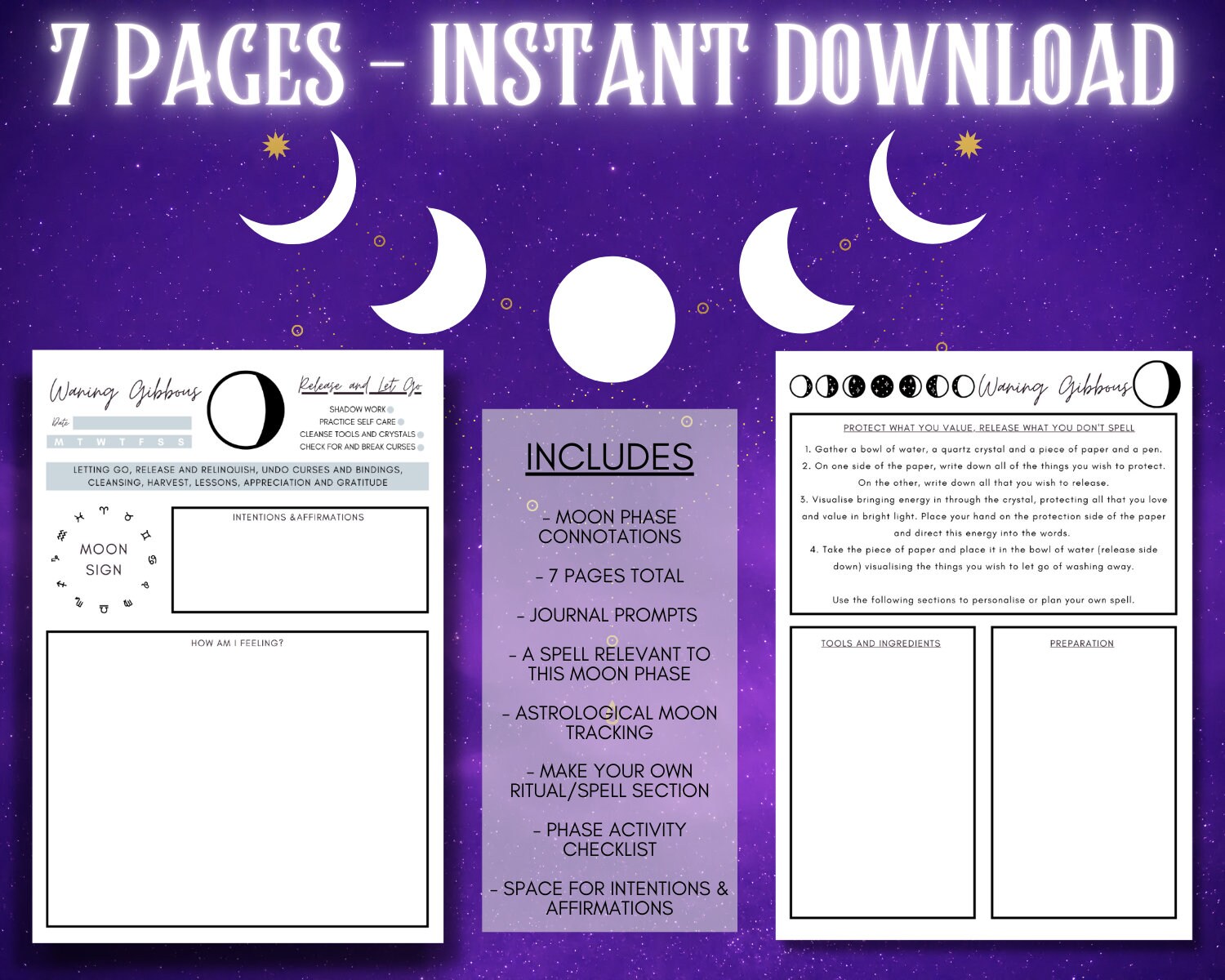 Waning Gibbous Moon Phase Witch Planner Journal - Waning Moon - 7-page ...
