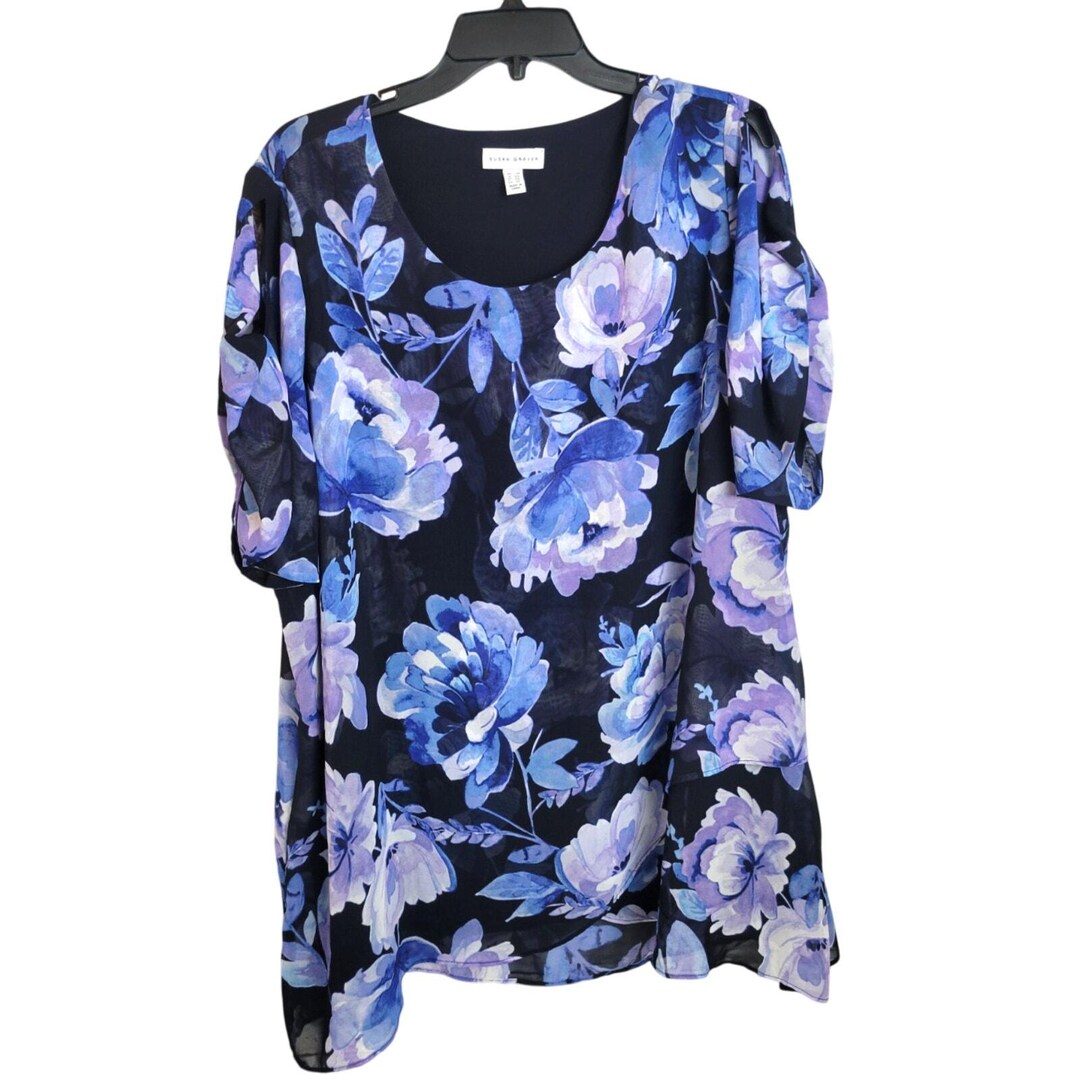 Susan Graver Tunic Top Lined Blue Black Floral Chiffon Short Sleeve ...