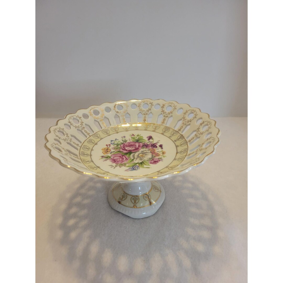 Japan Porcelain Footed Compote Bowl Reticulated Floral Gold Gilt 8in ...