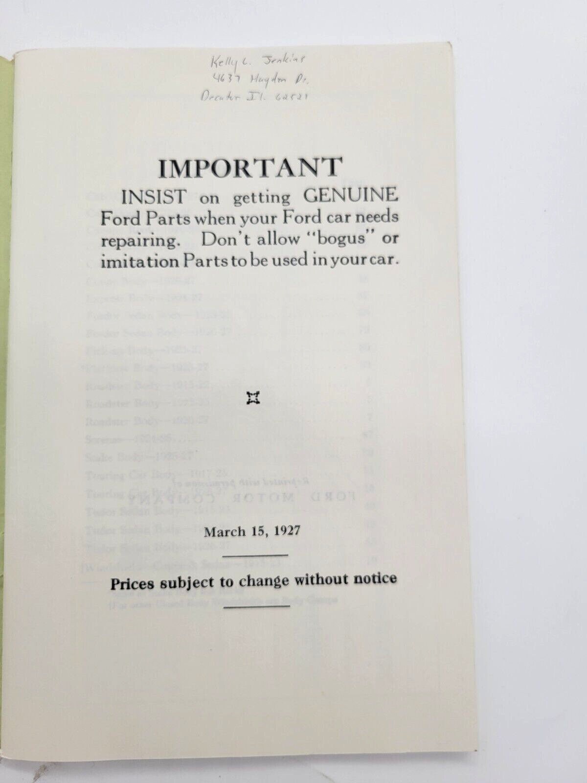 1928 Model T Ford Price List of Parts Authorized Reprint From Ford ...