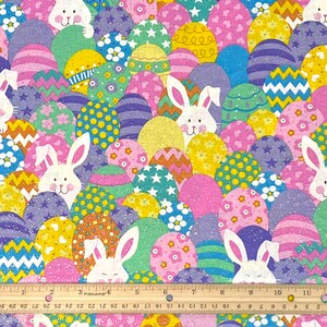 Bunnies and Eggs Glitter Fabric by Half Yard, Fat Quarter, Easter Bunny ...