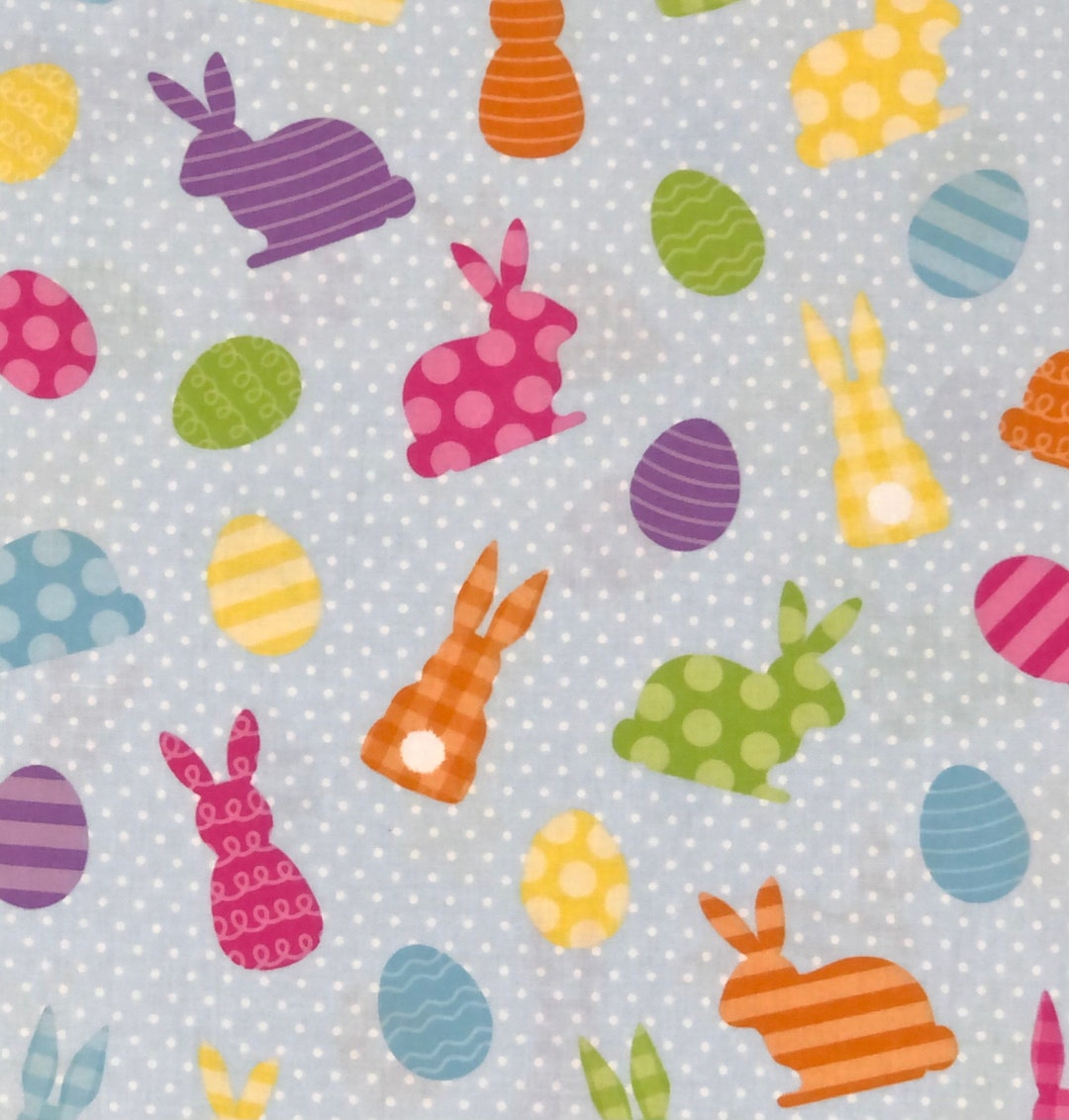 Easter Bunny Fabric by Half Yard, Fat Quarter, Colorful Bunnies Polka ...