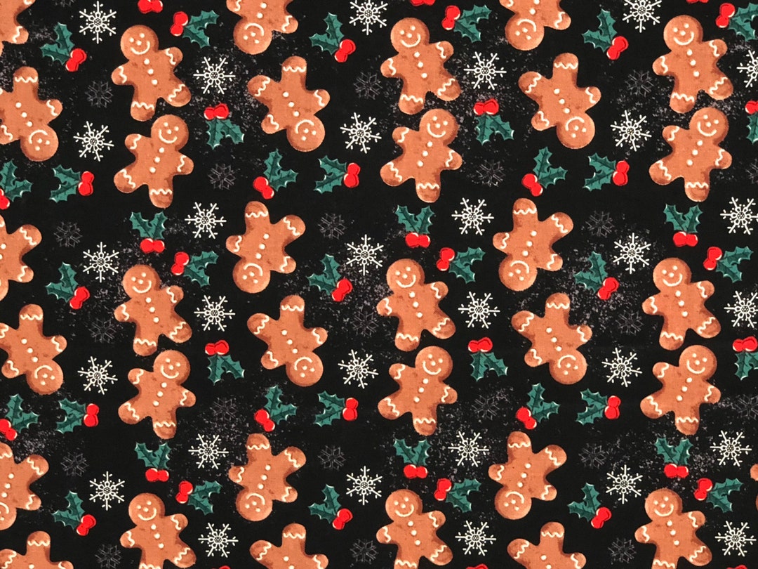 Gingerbread Men Holly Christmas 100% Cotton Fabric | Fat Quarter, Half ...