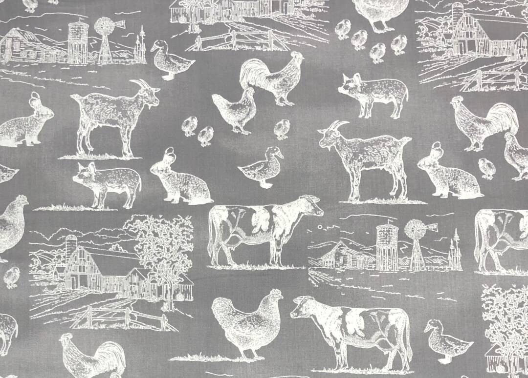 Sketched Farm Scene Fabric By Half Yard, Fat Quarter, Chicken Goat ...