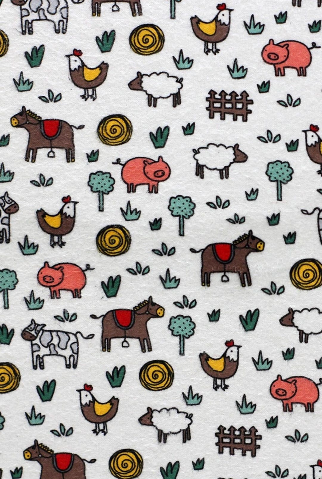 FLANNEL Farm Animal Doodles on Creme Fabric by the Yard, Barnyard ...