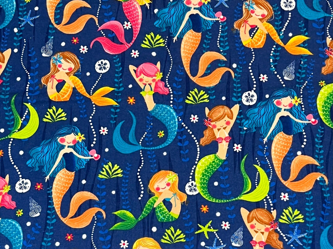 FLANNEL Mermaids Fabric by Half Yard, Fat Quarter, Mermaid Ocean ...