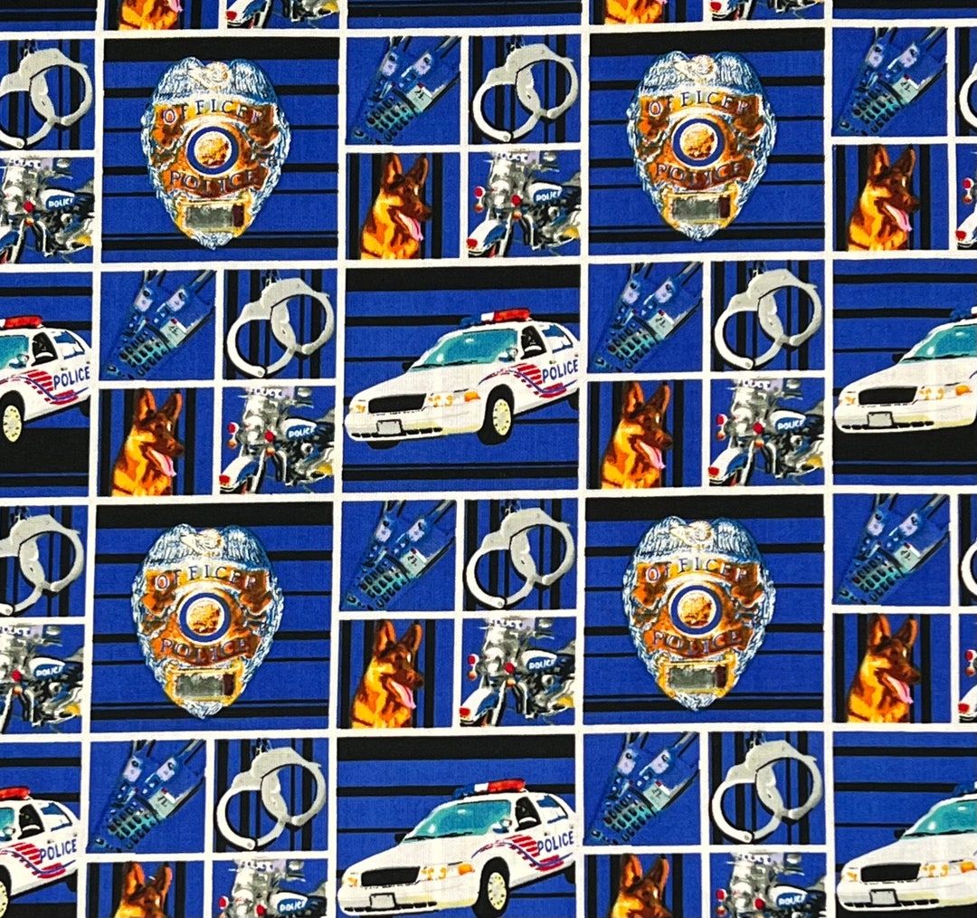 Police Officer Fabric by Half Yard, Fat Quarter, K9 Cops Heroes in Blue ...