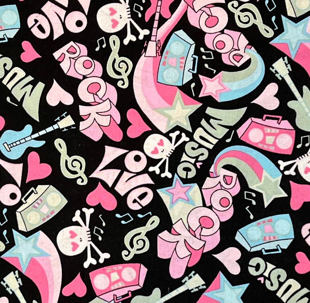 Groovy Music Fabric by Half Yard, Fat Quarter, Rock Guitar Skeleton ...