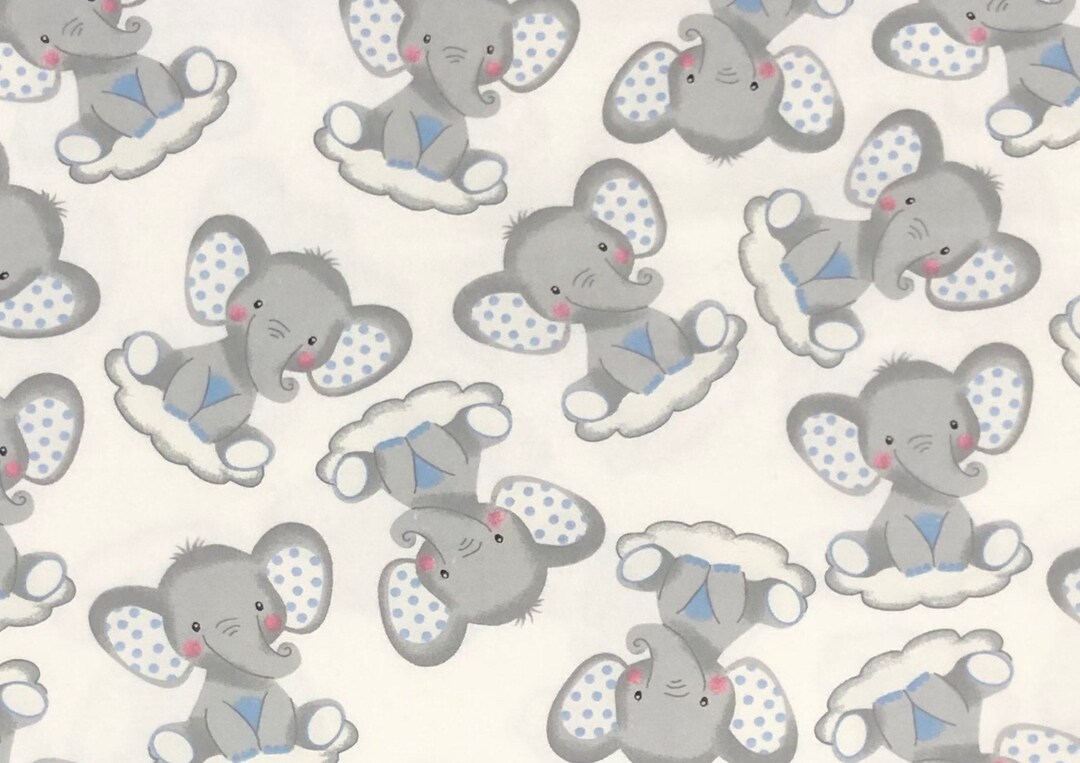 FLANNEL Elephants Clouds Fabric by the Half Yard, Fat Quarter, Sleepy ...