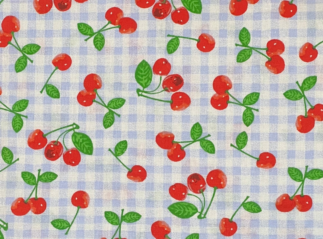 Cherries on Blue Gingham Fabric by Half Yard, Fat Quarter, END of BOLT ...