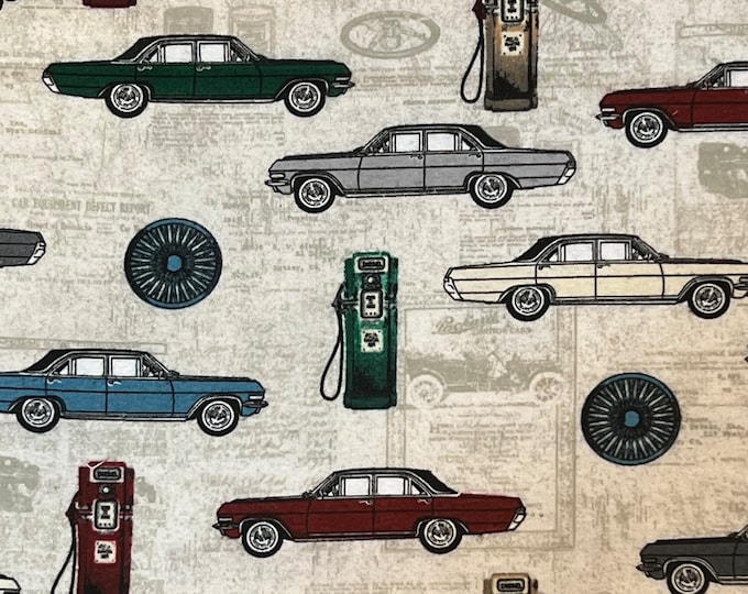 FLANNEL Vintage Cars Fabric by the Yard, Fat Quarter, Cars Wheels Gas ...
