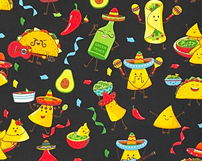 Taco Party Fabric by Half Yard, Fat Quarter, Avocado and Chips Cotton ...