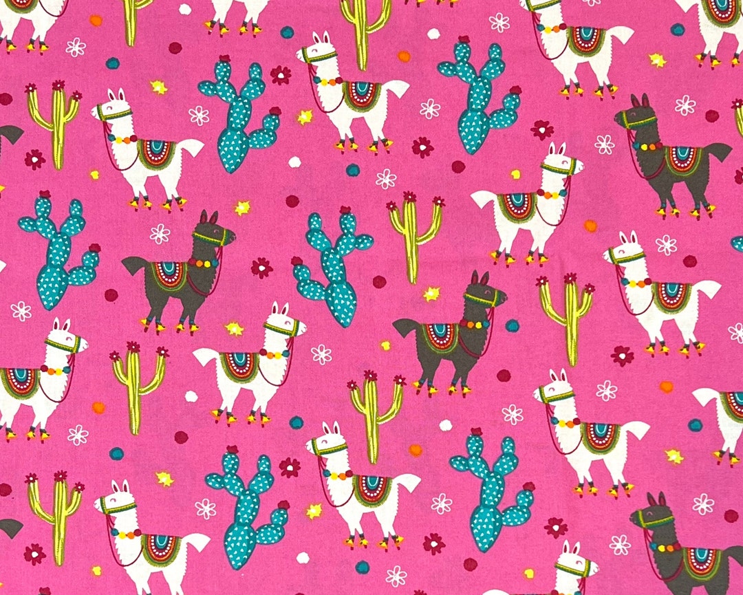 Llamas on Pink Fabric by Half Yard, Fat Quarter, Llama Animal Cactus ...
