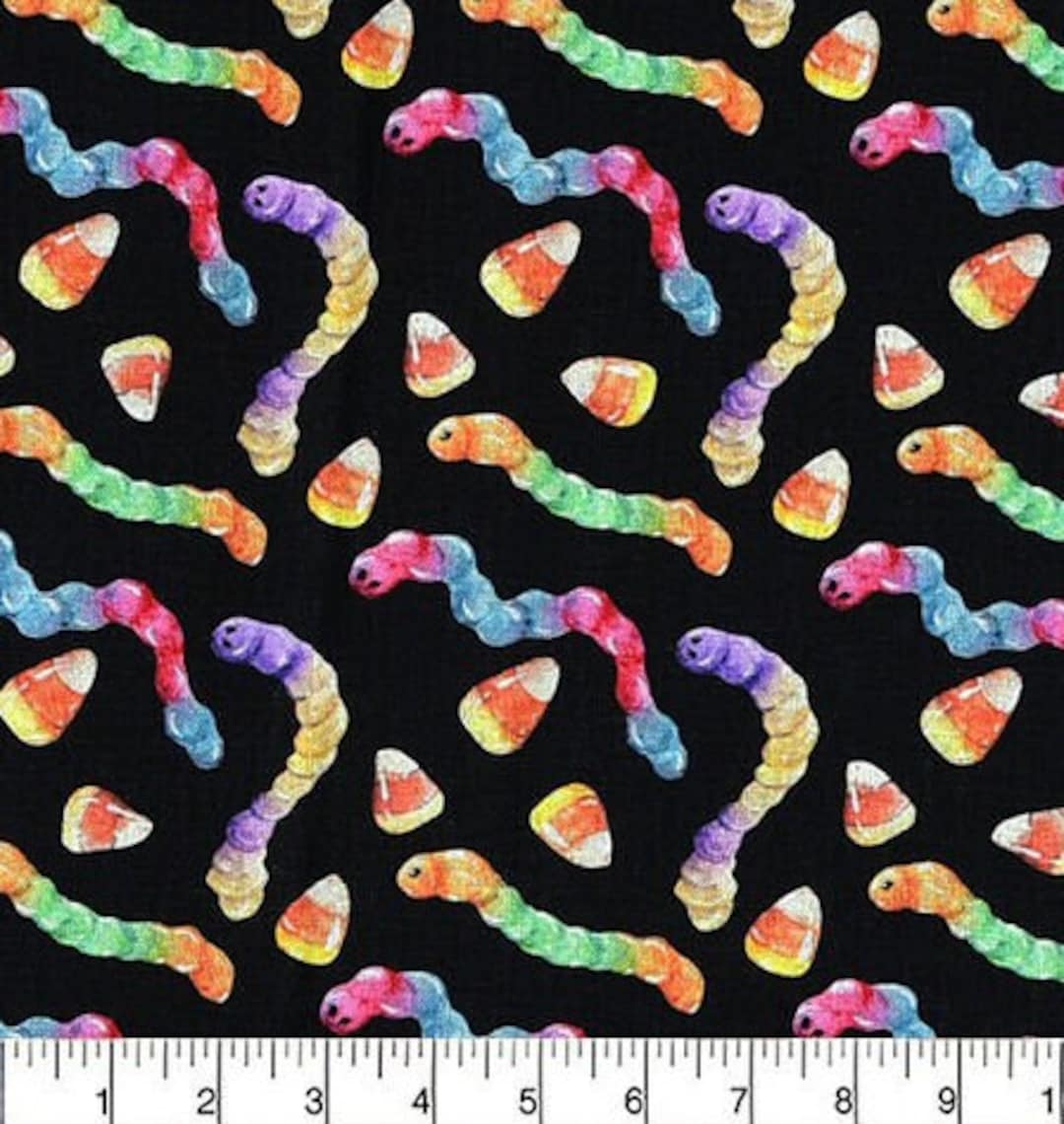 Gummy Worms Candy Corn Fabric by Half Yard, Fat Quarter, Halloween on ...