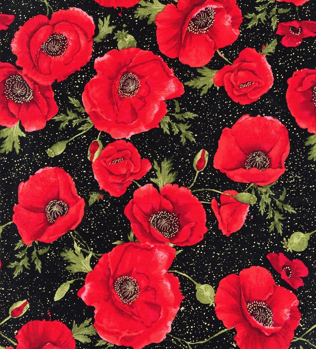 Red Poppy Fabric by Half Yard, Fat Quarter, Poppy Metallic Floral ...