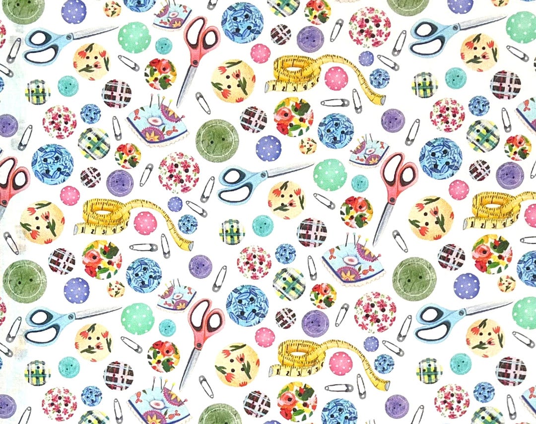 Sewing Buttons Tools Notions Pins Scissors 100% Cotton Fabric | Fat ...