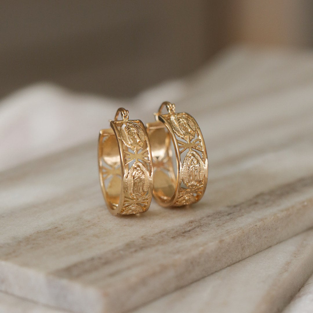 Virgin Mary Full Loop Hoop Earrings Gold Filled - Etsy