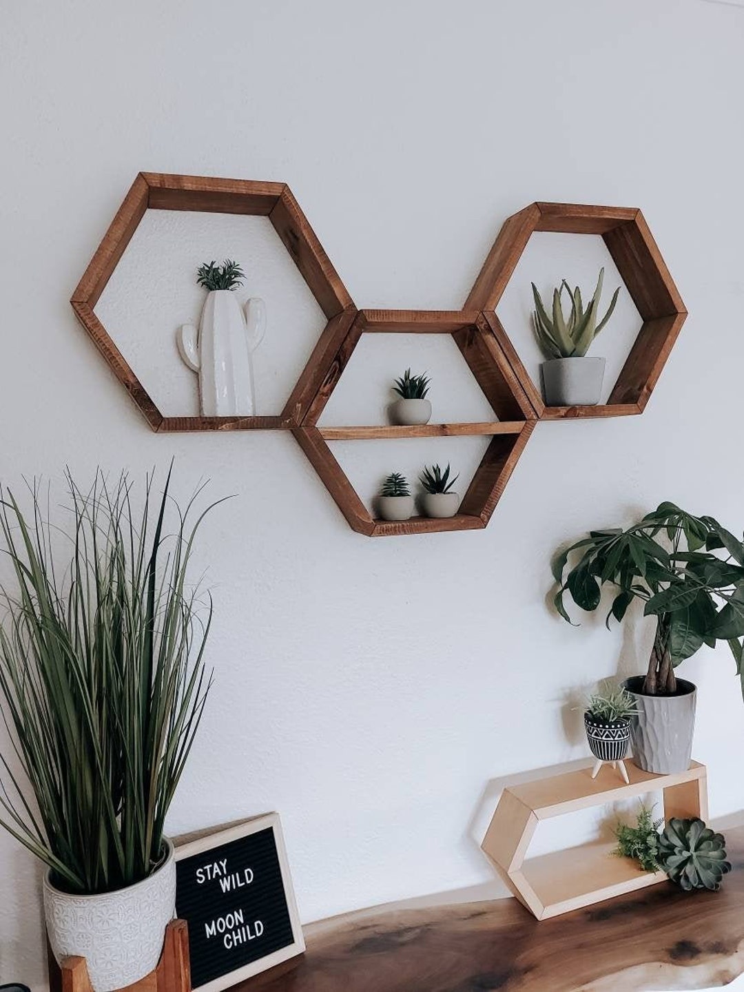 Set of Three Wood Hexagon Shelves 3 Hexagons Honeycomb - Etsy