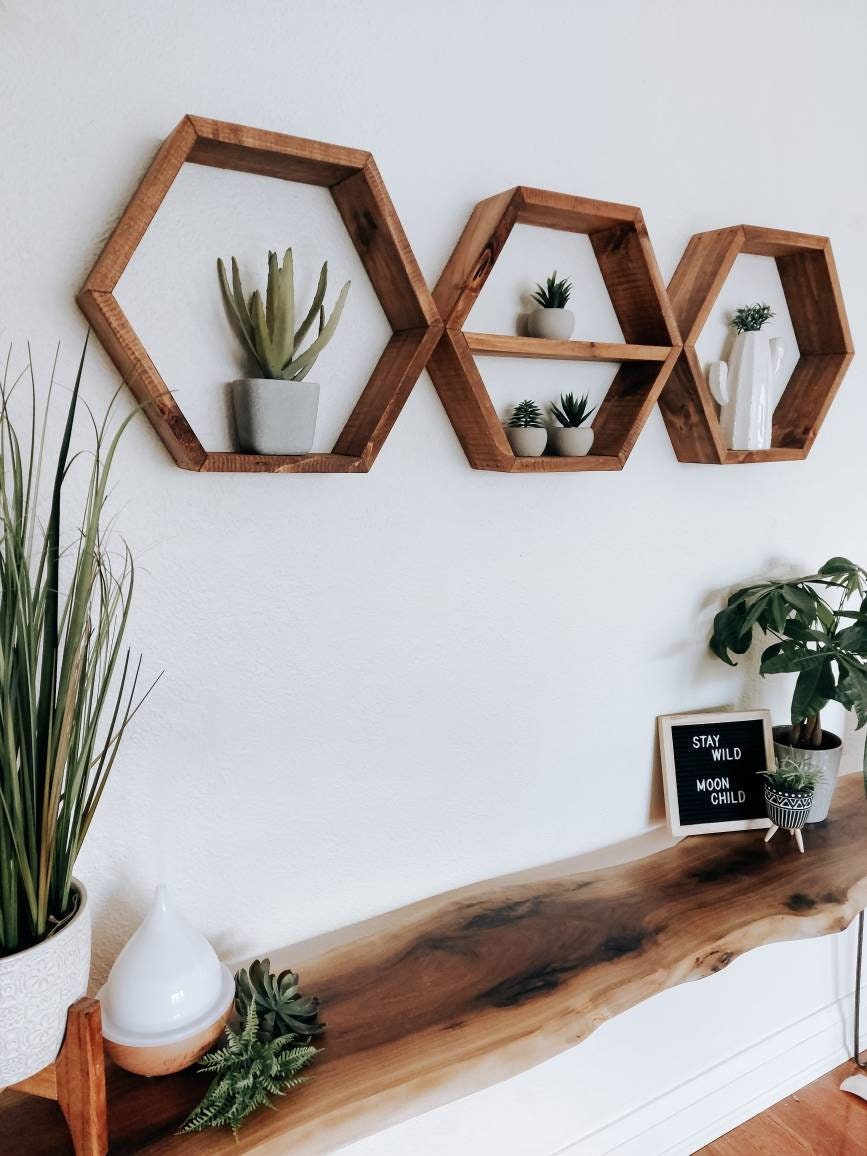 Set of Three Wood Hexagon Shelves 3 Hexagons Honeycomb | Etsy