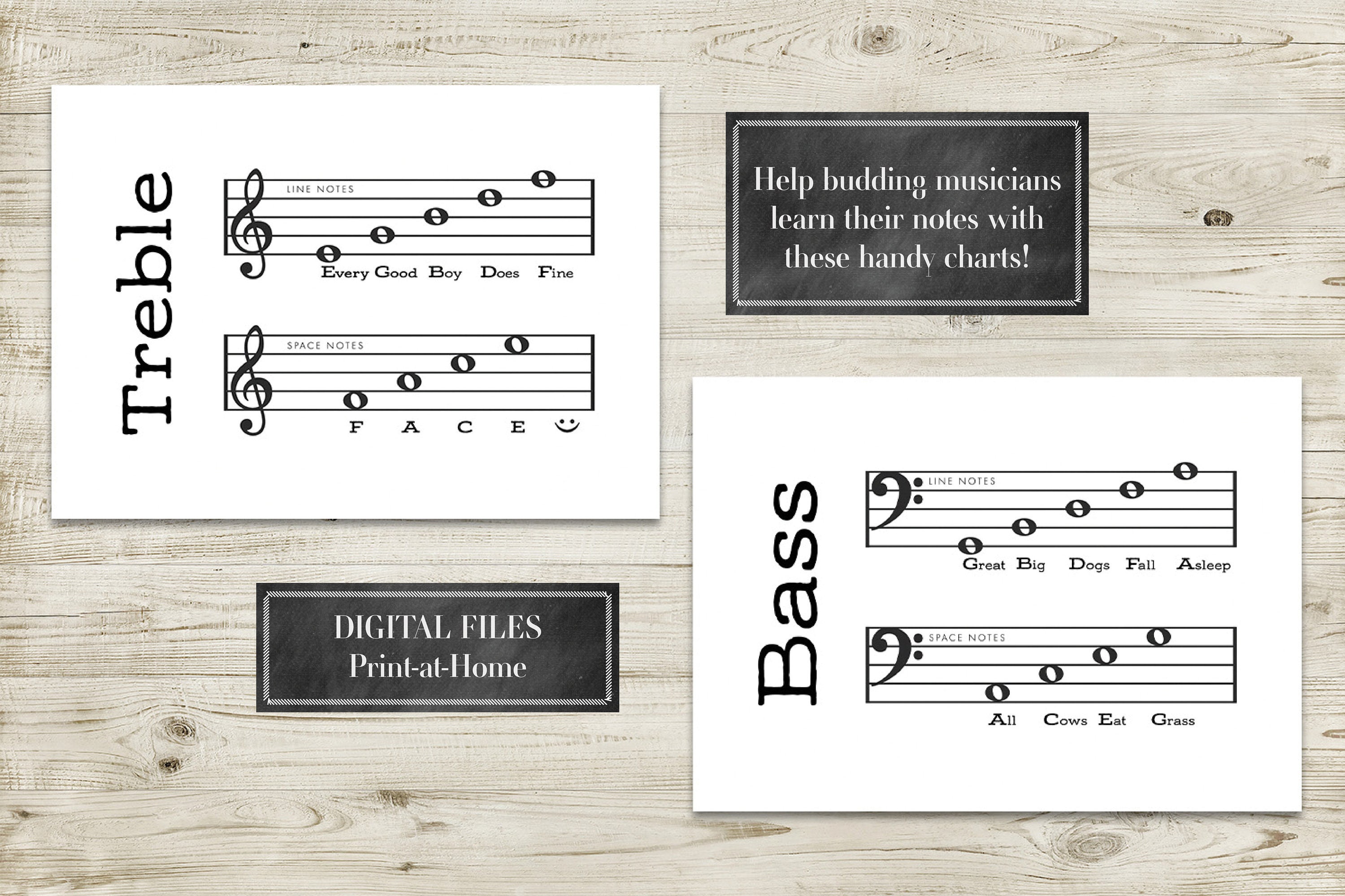 Treble & Bass Clef Note Charts Printable 5"x7" - Etsy