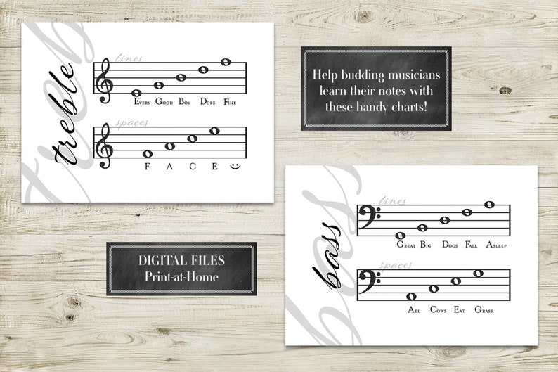 Treble & Bass Clef Note Charts Printable 5"x7" - Script - Etsy