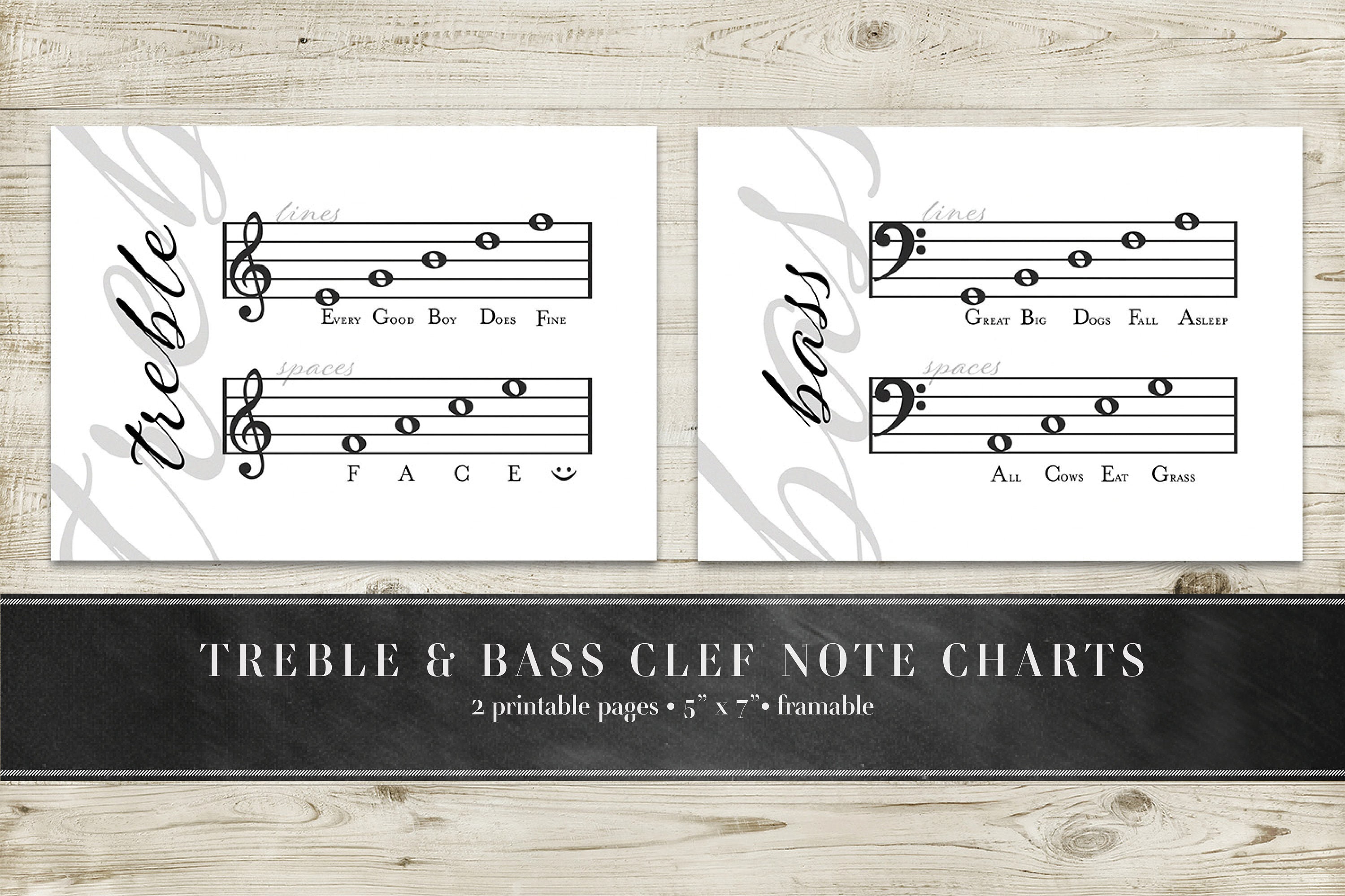 Treble & Bass Clef Note Charts Printable 5"x7" - Script - Etsy
