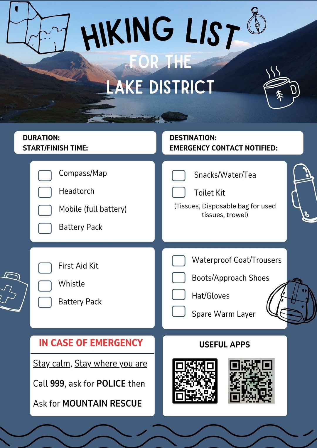 Hiking Backpacking Check Tick List - Lake District - Etsy