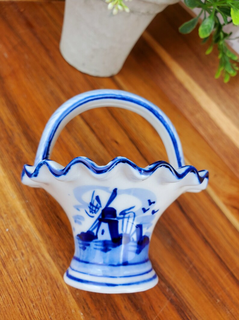 Delft Blue Handpainted Miniature Porcelain Basket With Windmill Scene ...