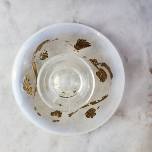 Opalescent Goofus Glass Pedestal Dish, Gold Vine Motif, White to Clear ...