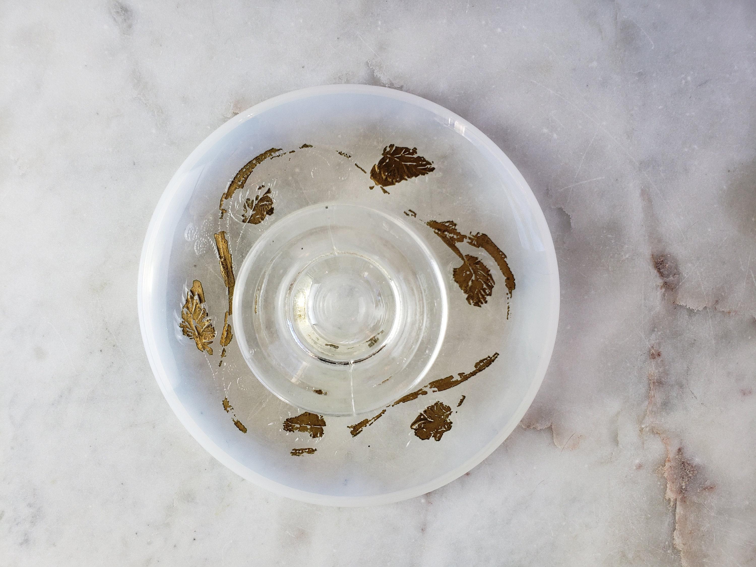 Opalescent Goofus Glass Pedestal Dish, Gold Vine Motif, White to Clear ...